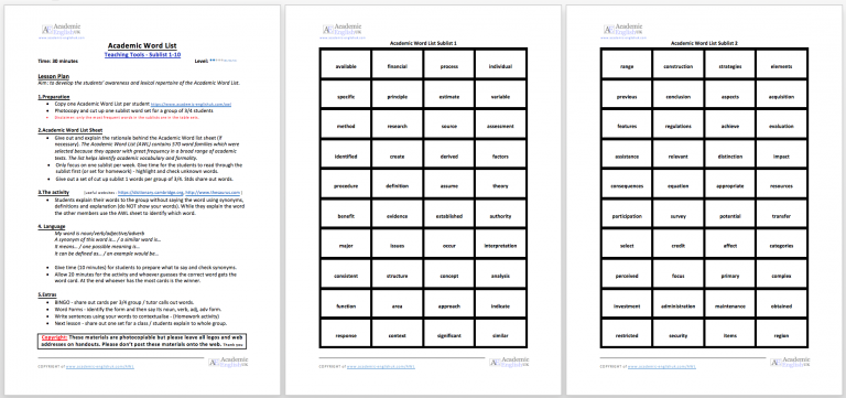 Academic Word List (AWL): AWL lessons & AWL Worksheets