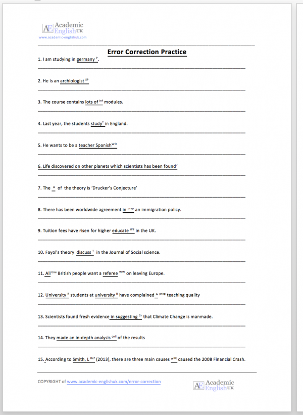 Error Correction Sheet - Correction code for academic writing