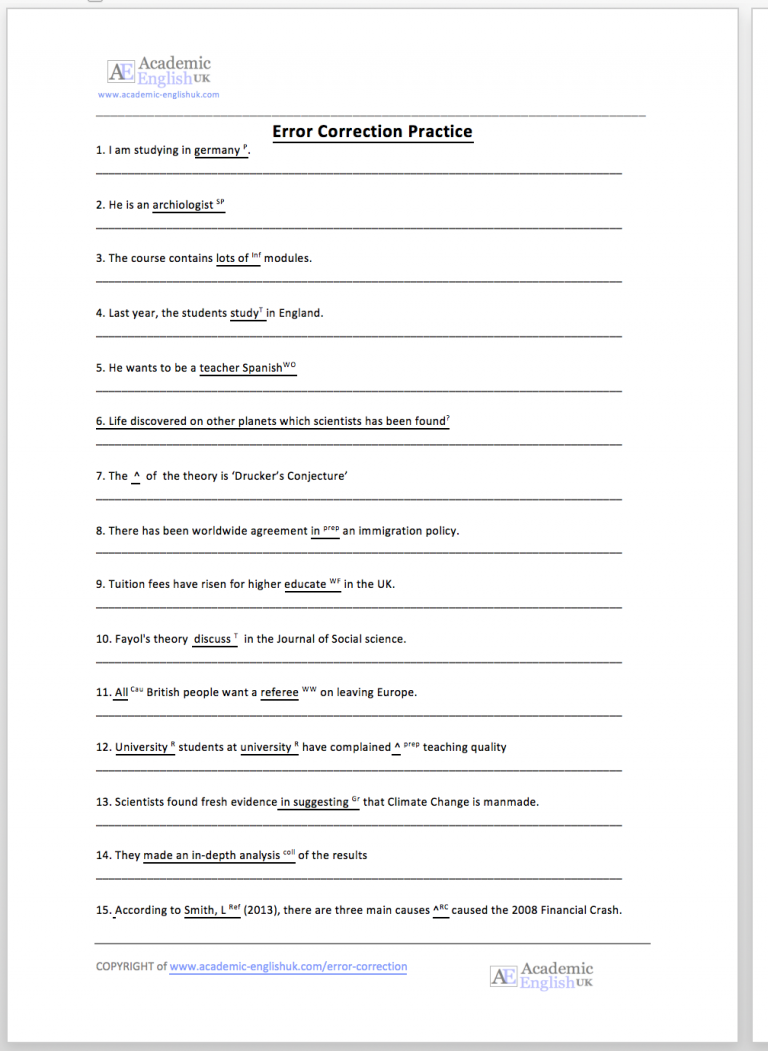 Error Correction Sheet - Correction code for academic writing